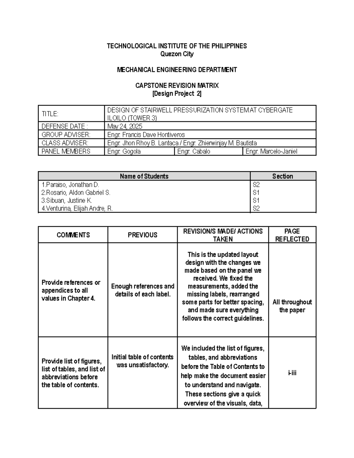 DP2 - Capstone Revision Matrix: Stairwell Pressurization System - Studocu