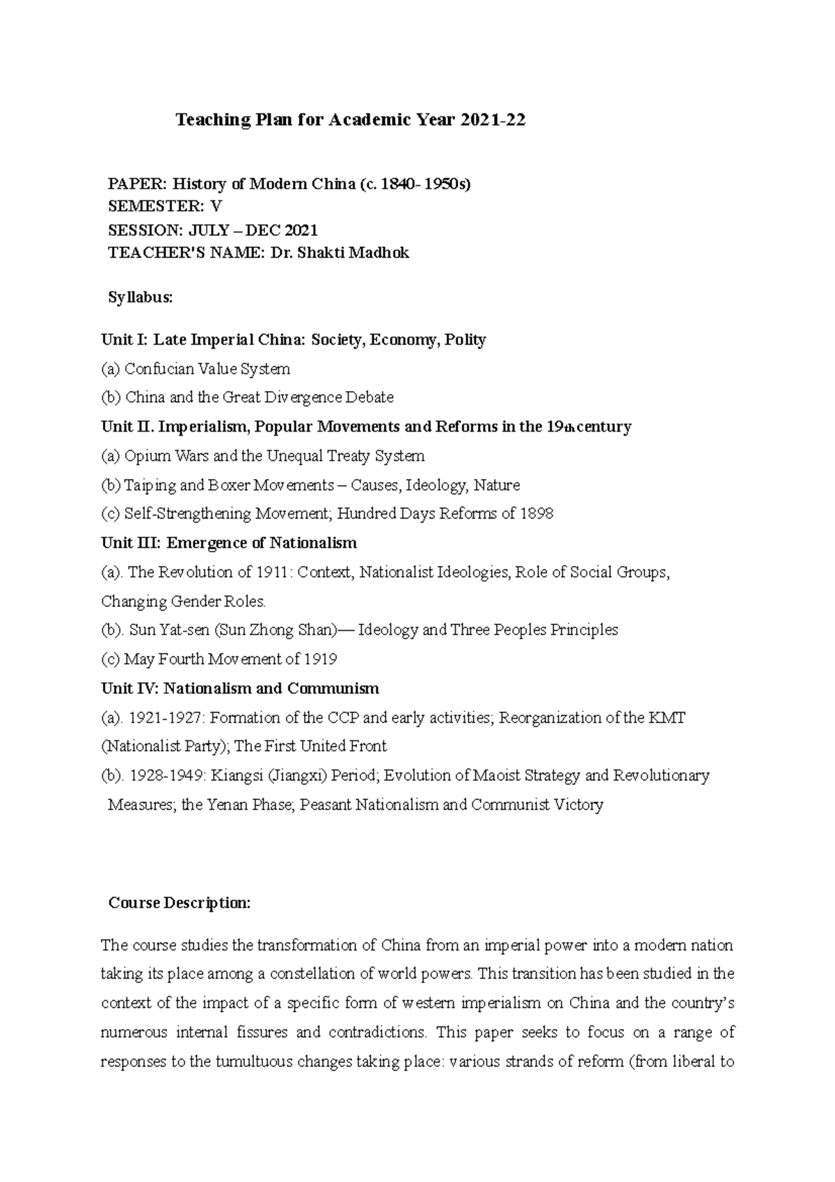 Modern China: Historical Transformations (1840-1950s) Teaching Plan ...