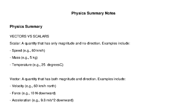 Physics Summary - easy to understand notes - Physics Summary VECTORS VS ...