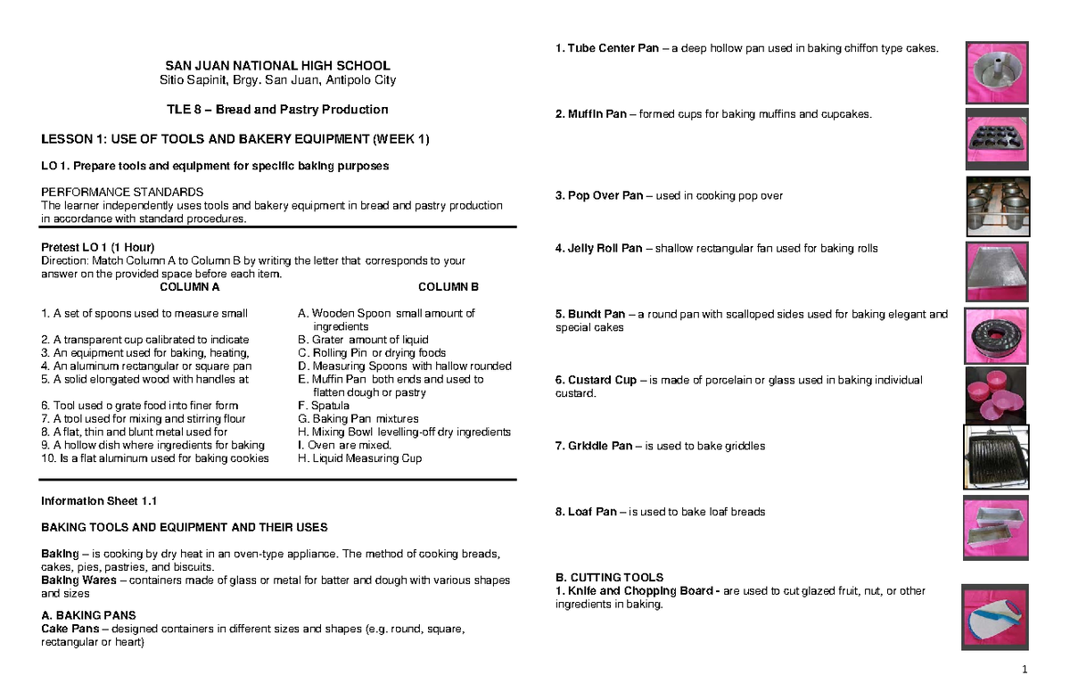 TLE 8 Module: Tools & Equipment for Bread and Pastry Production - Studocu