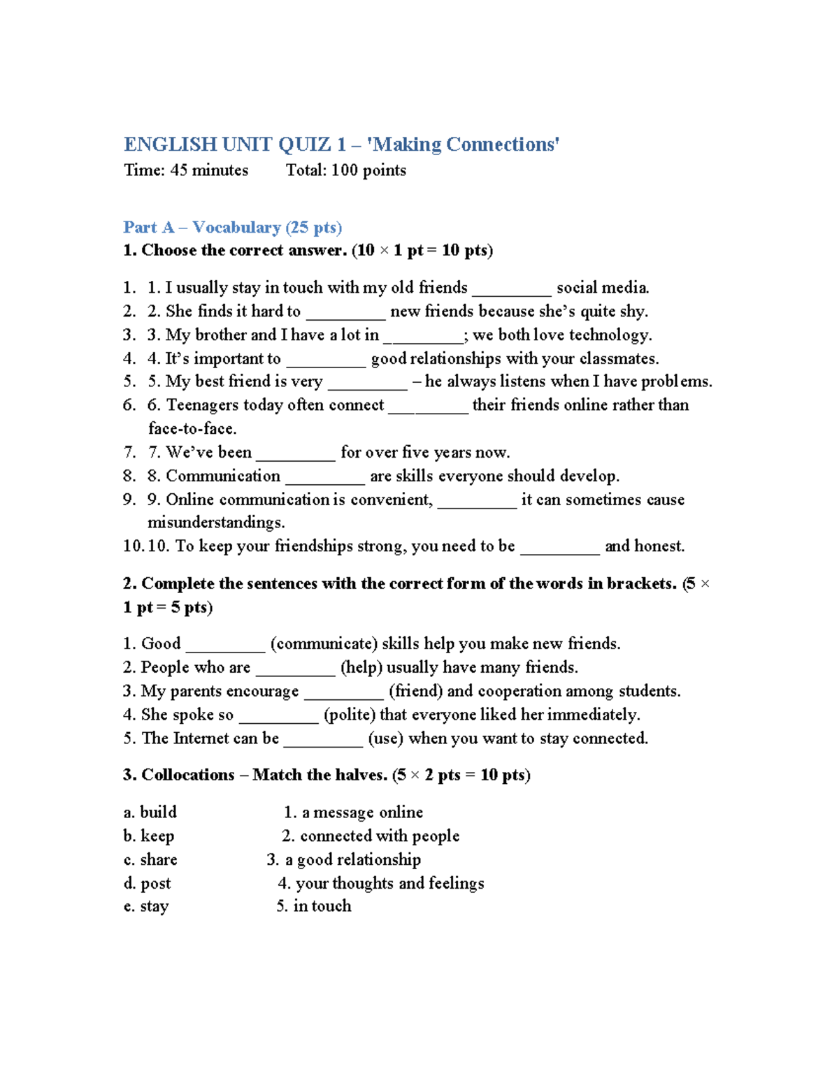 ENGLISH UNIT QUIZ 1: Making Connections and Vocabulary Skills - Studocu