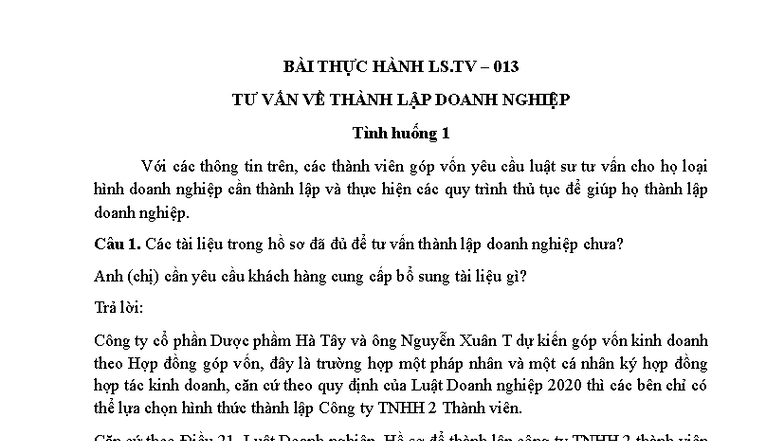 BÀI THỰC HÀNH LS.TV 013: TƯ VẤN THÀNH LẬP DOANH NGHIỆP - Studocu