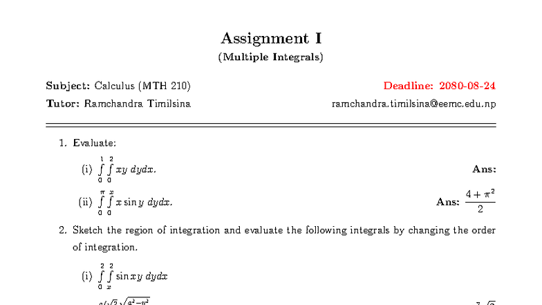 Assignment I: Multiple Integrals in Calculus (MTH 210) - Studocu
