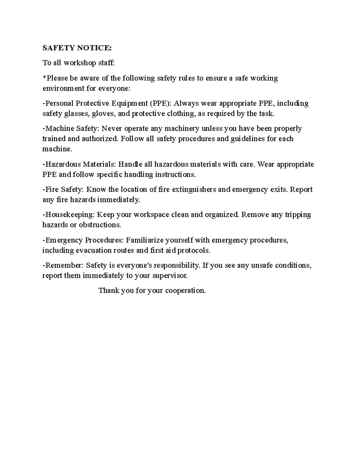 Unit8 - swww - SAFETY NOTICE: To all workshop staff: *Please be aware ...