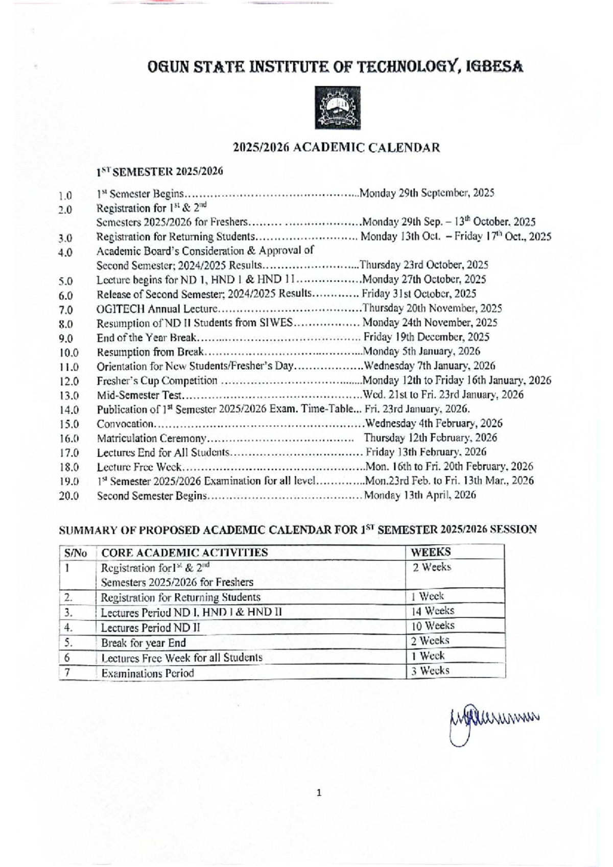 OGITECH 2025/2026 Academic Calendar: 1st & 2nd Semesters - Studocu