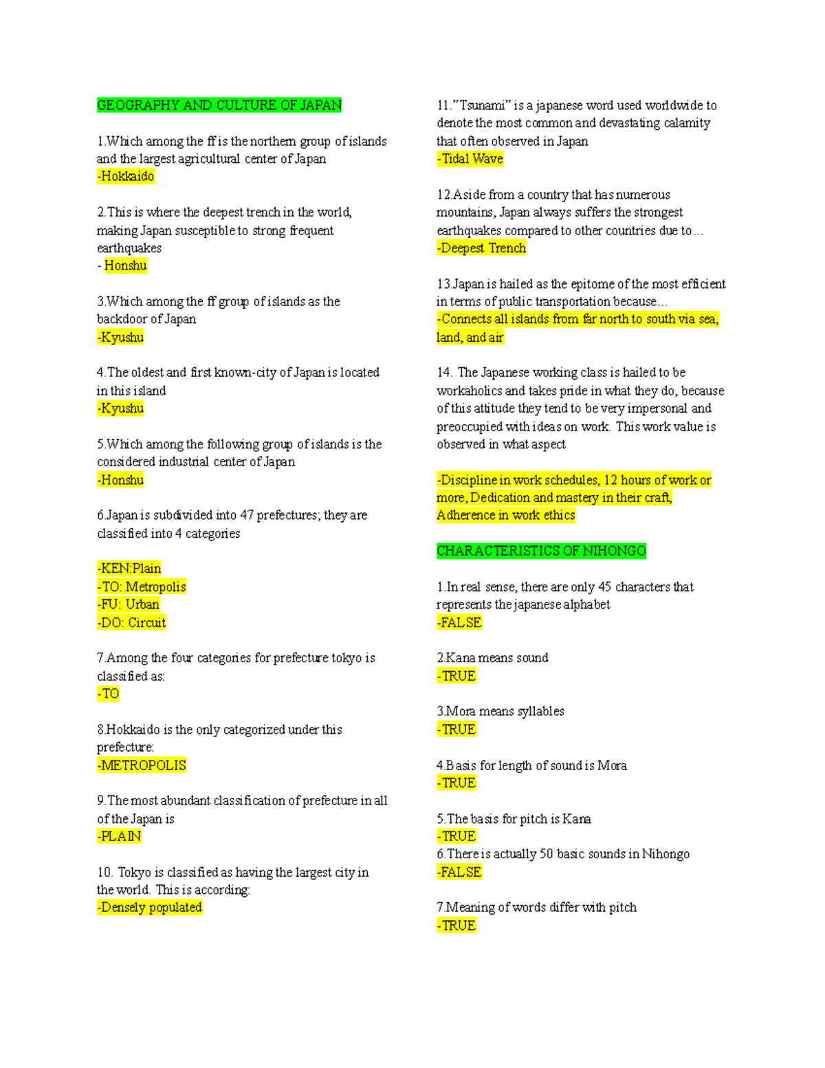 Geography & Culture of Japan: Prelim Questions - GCA 101 - Studocu