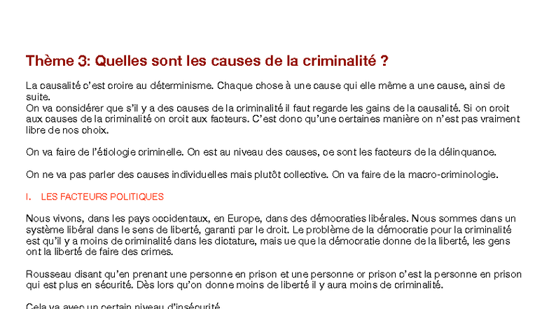 Thème 3: Les Causes de la Criminalité et le Déterminisme - Studocu