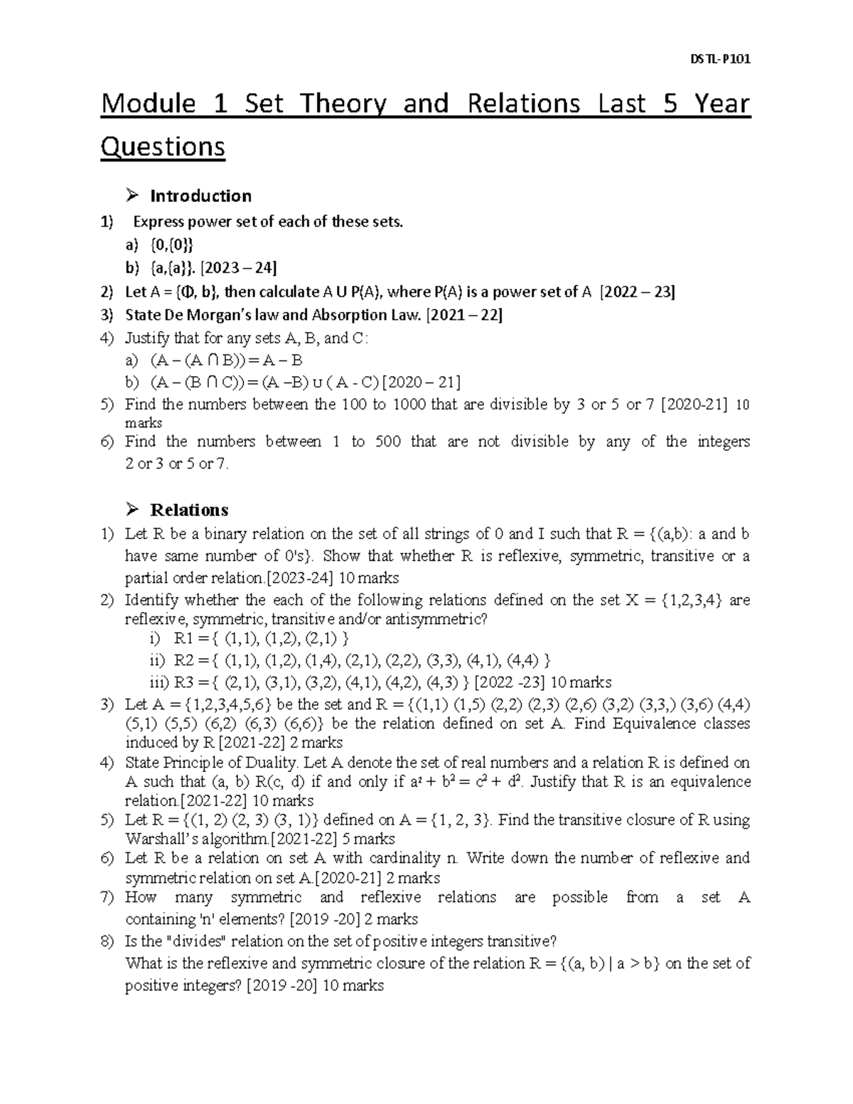Module 1: Set Theory & Relations - Last 5 Years PYQ - Studocu