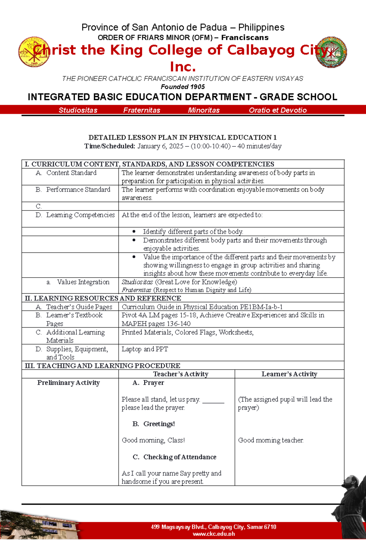 PE1-Detailed Lesson Plan on Body Parts & Movements for Physical ...