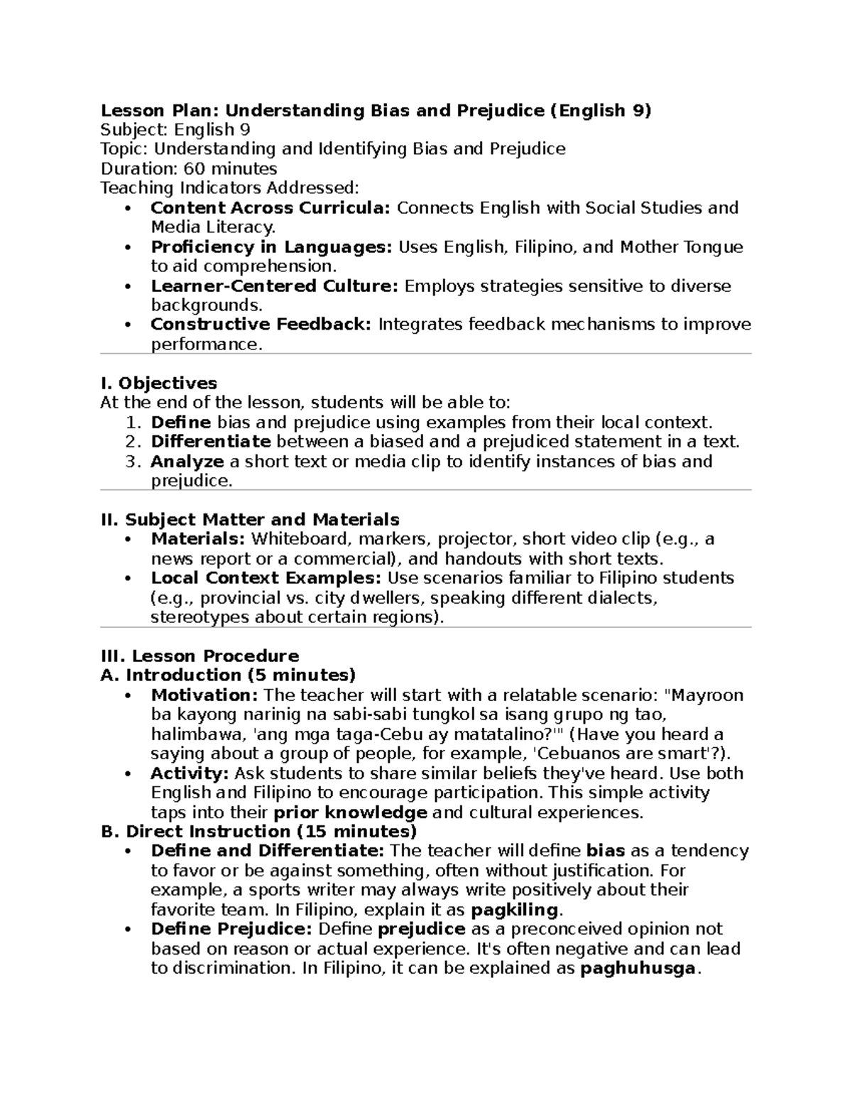 Lesson Plan: Identifying Bias and Prejudice (Eng 9) - Studocu