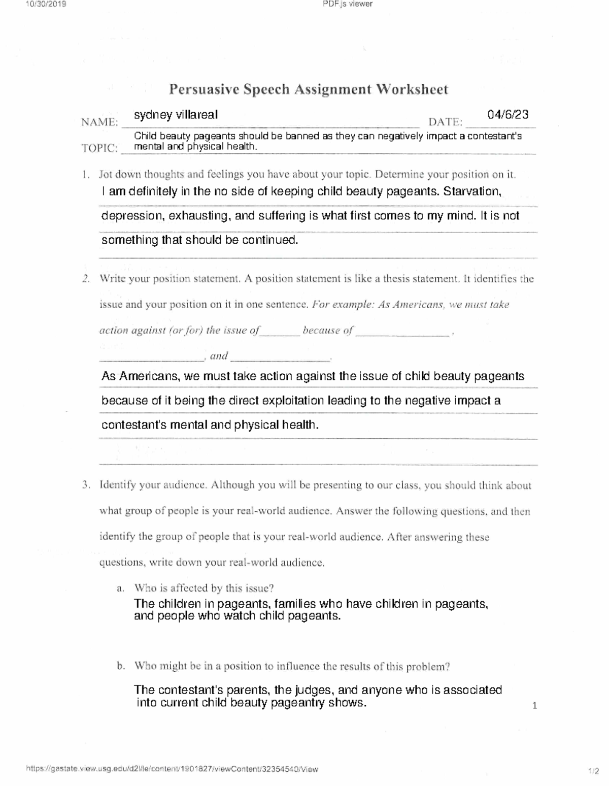 Persuasive Speech Assignment: Banning Child Beauty Pageants - Studocu