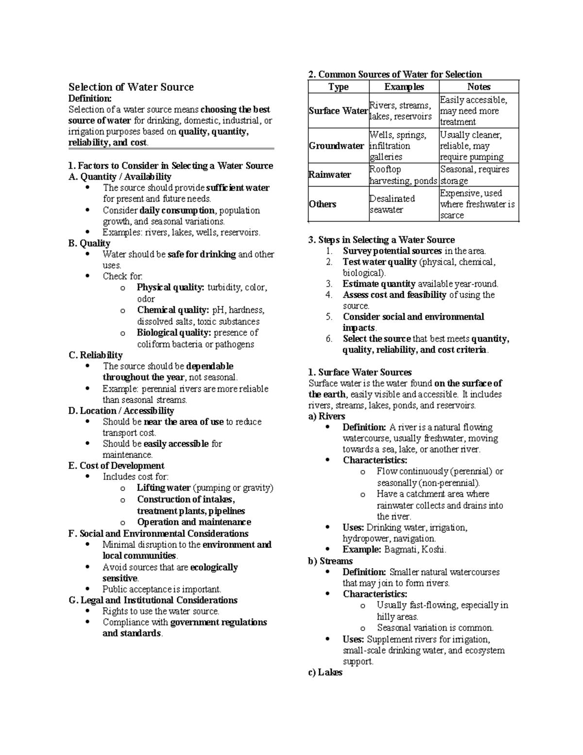 Water Supply Notes: Selection, Sources, and Treatment Methods - Studocu
