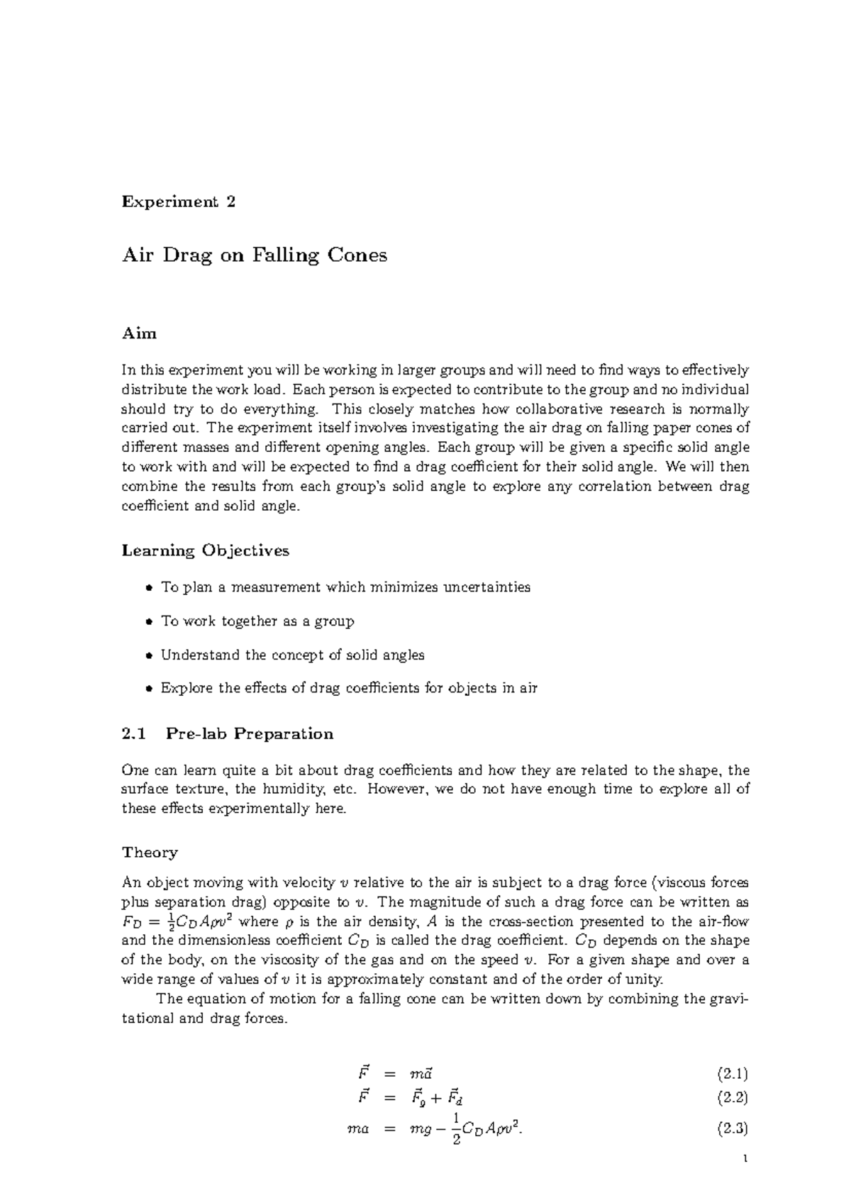 Experiment 2: Air Drag on Falling Cones - Group Collaboration Guide ...