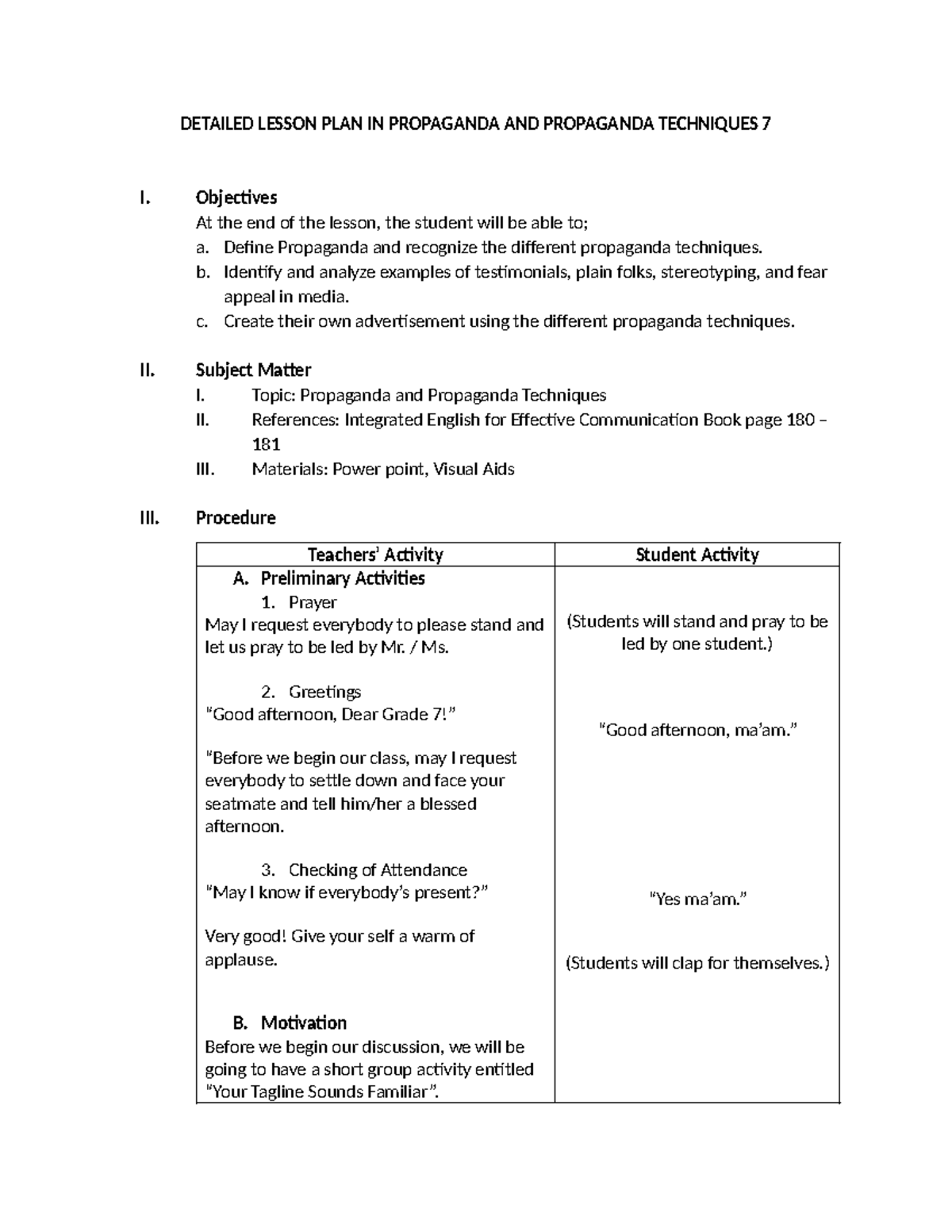Detailed Lesson Plan on Propaganda Techniques for Grade 7 (7th Grade ...