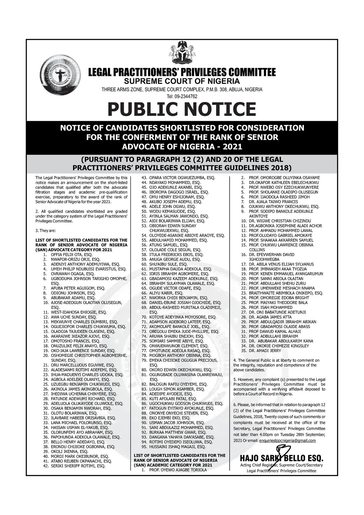 Legal Practitioners' Privileges Committee: 2021 SAN Candidates List ...
