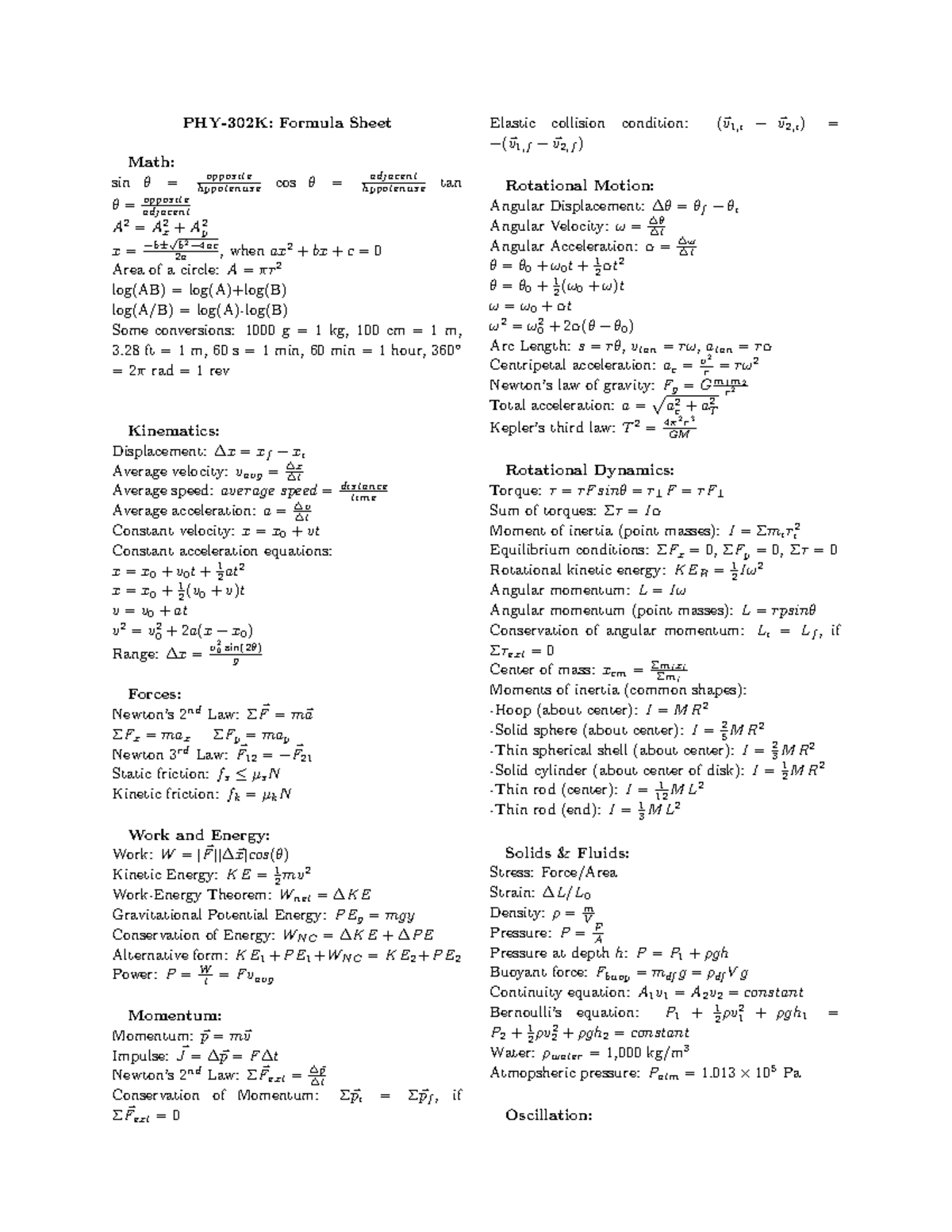 PHY 302 K Formula Sheet - PHY-302K: Formula Sheet Math: sin θ ...