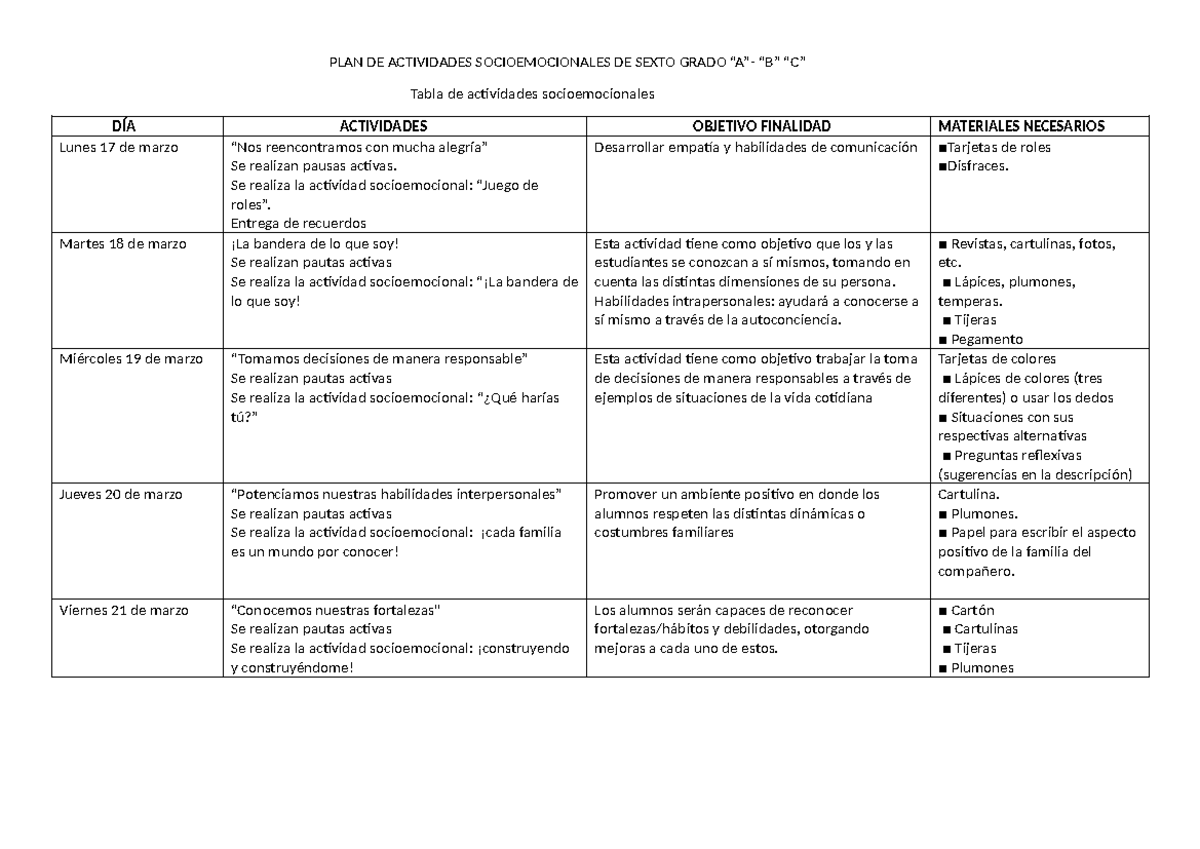 plan de actividades socioemocionales - PLAN DE ACTIVIDADES ...