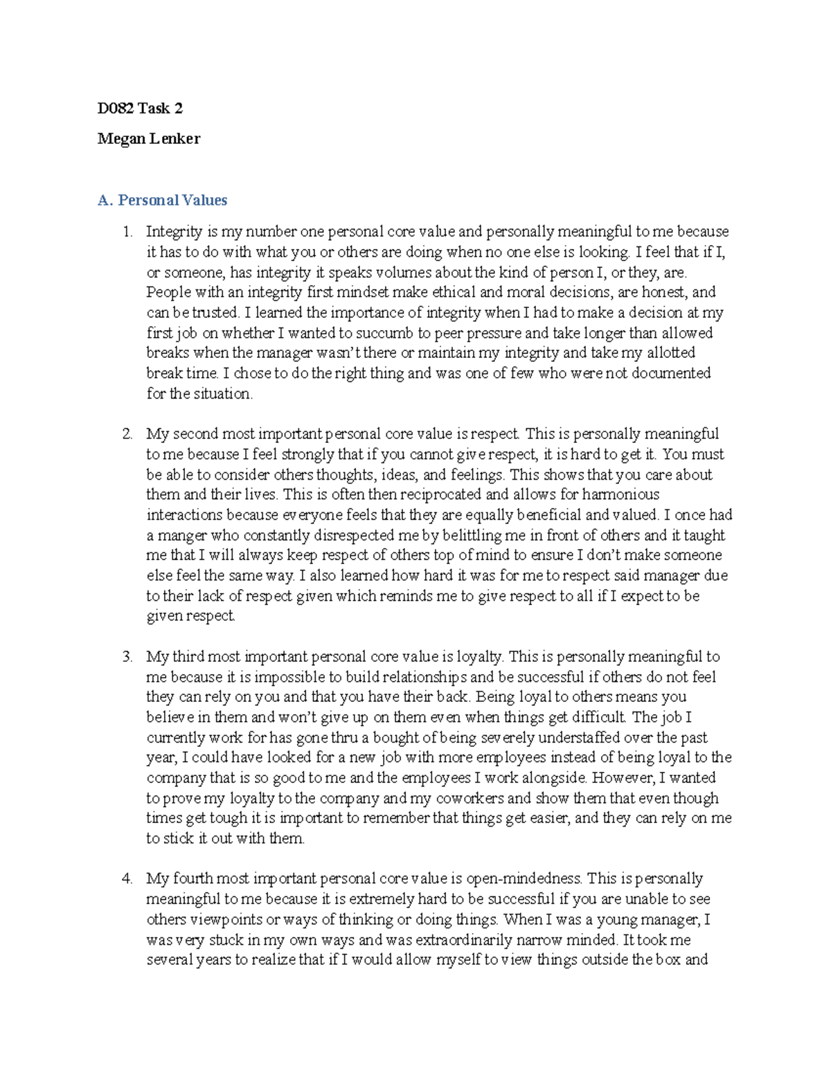 D082 Task 2 - Grade: pass - D082 Task 2 Megan Lenker A. Personal Values Integrity is my number ...