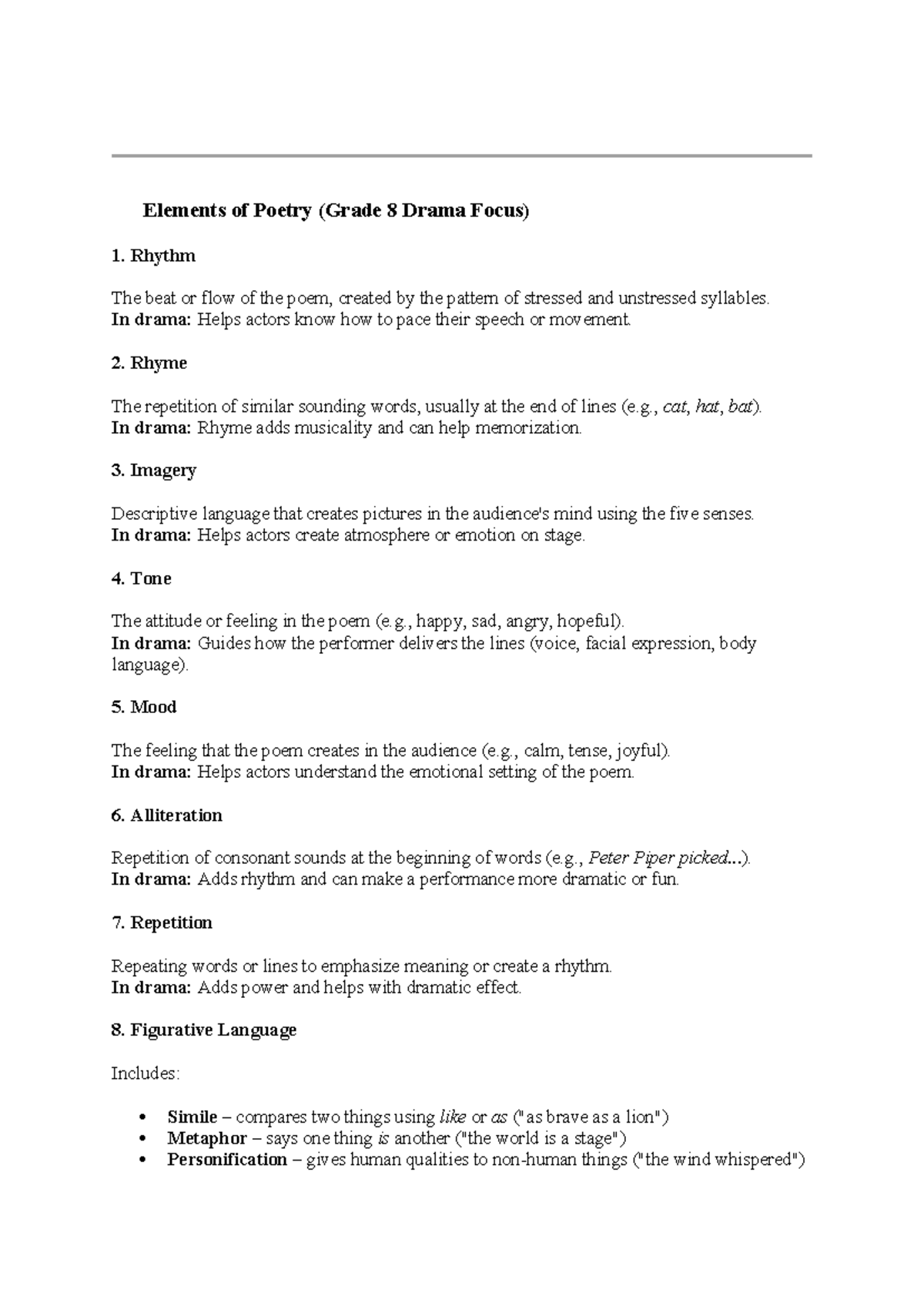 Elements of Poetry (Grade 8 Drama Focus) - Key Concepts Explained - Studocu