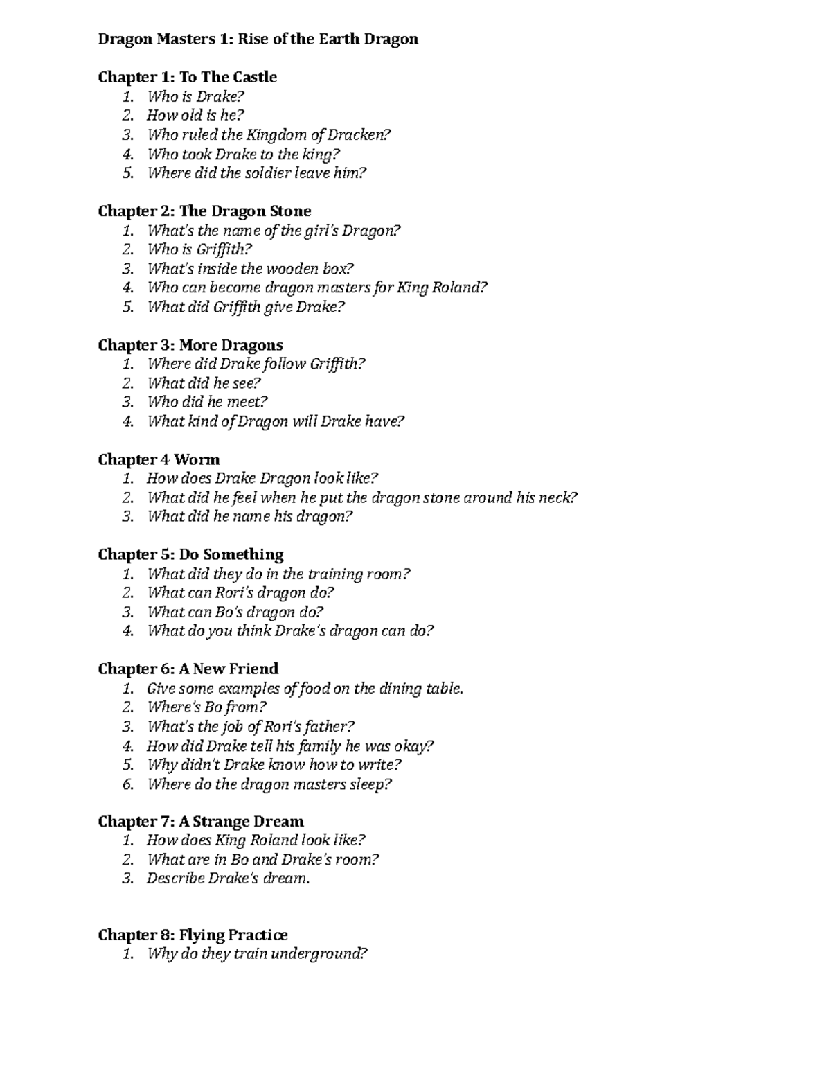 Dragon Masters 1: Comprehension Questions for Chapters 1-16 - Studocu