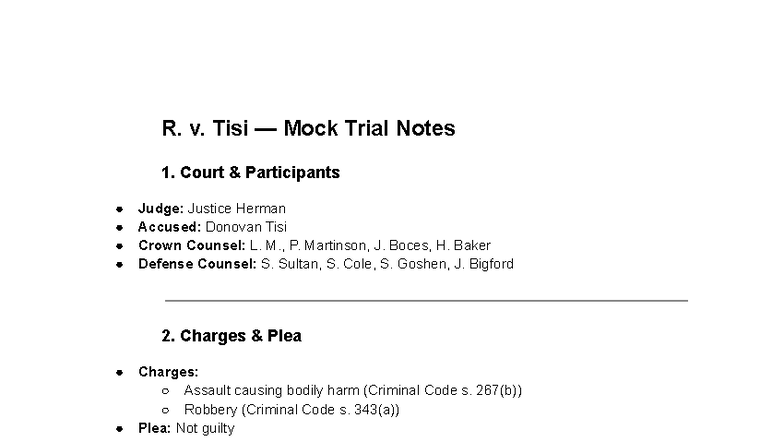 R. v. Tisi Mock Trial Notes: Case Summary & Witness Testimonies - Studocu