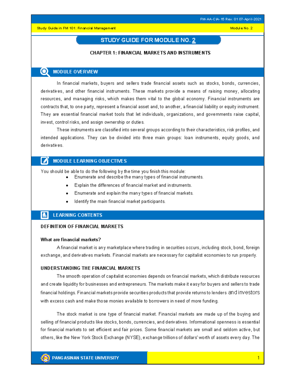 FM 101 Study Guide: Financial Markets & Instruments Overview - Studocu