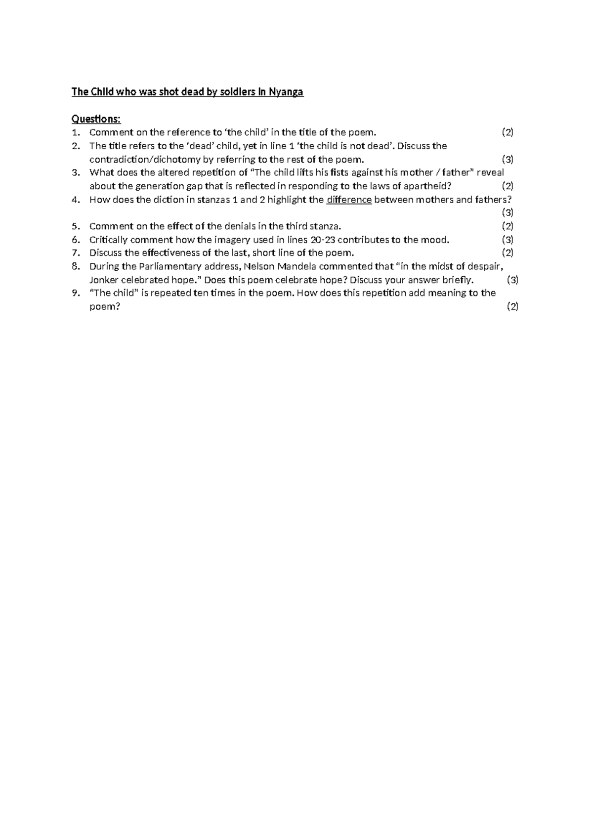 Analysis of the Poem "The Child who was Shot Dead by Soldiers in Nyanga ...
