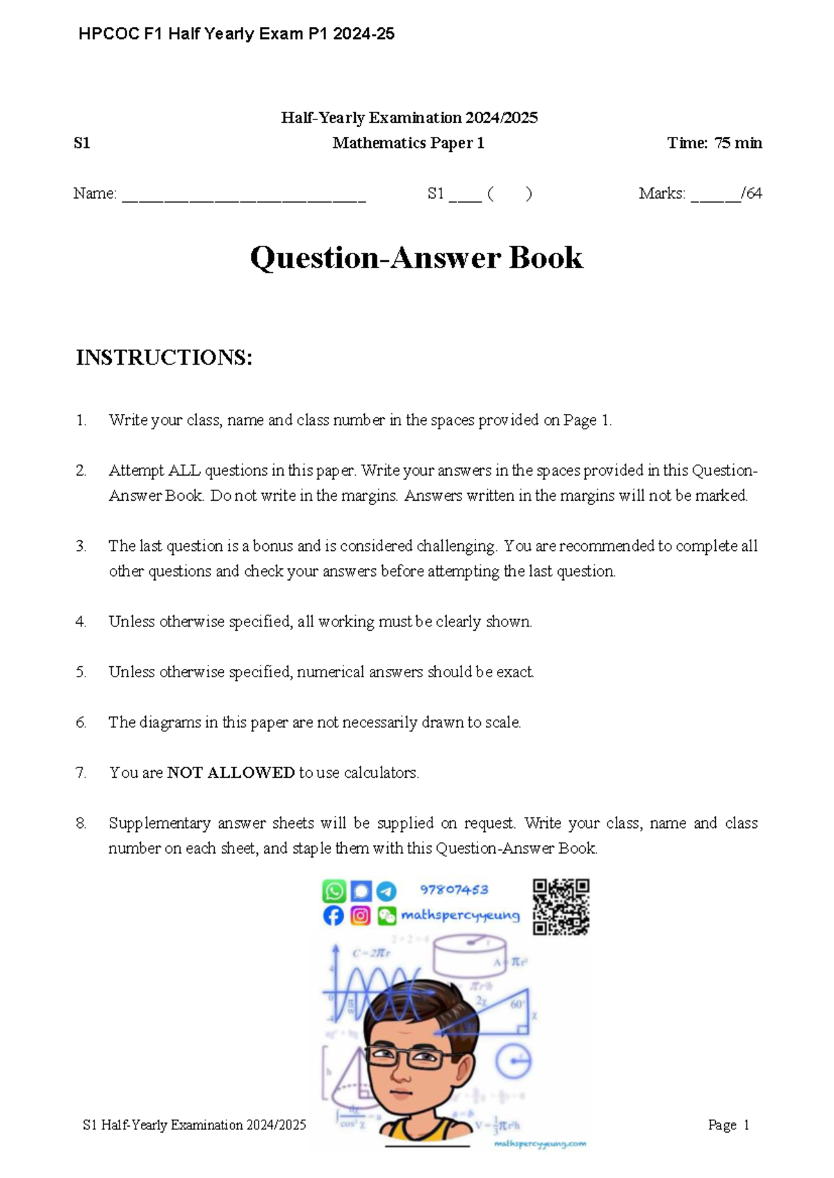 HPCOC F1 Half Yearly Exam P1 2024-25 Mathematics Paper 1 - Studocu