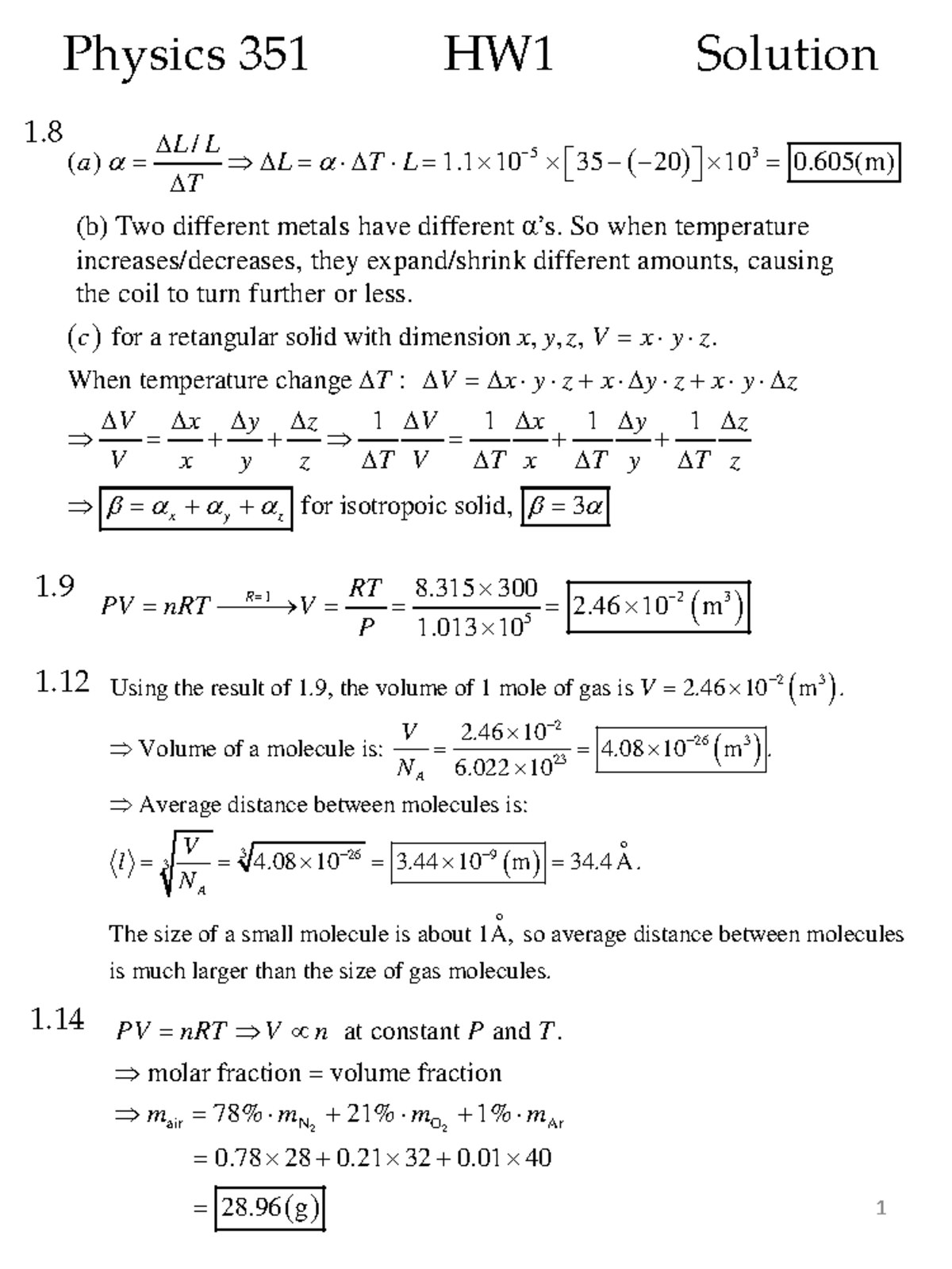 Physics 351 HW1 Solutions: Thermodynamics & Kinetic Theory - Studocu