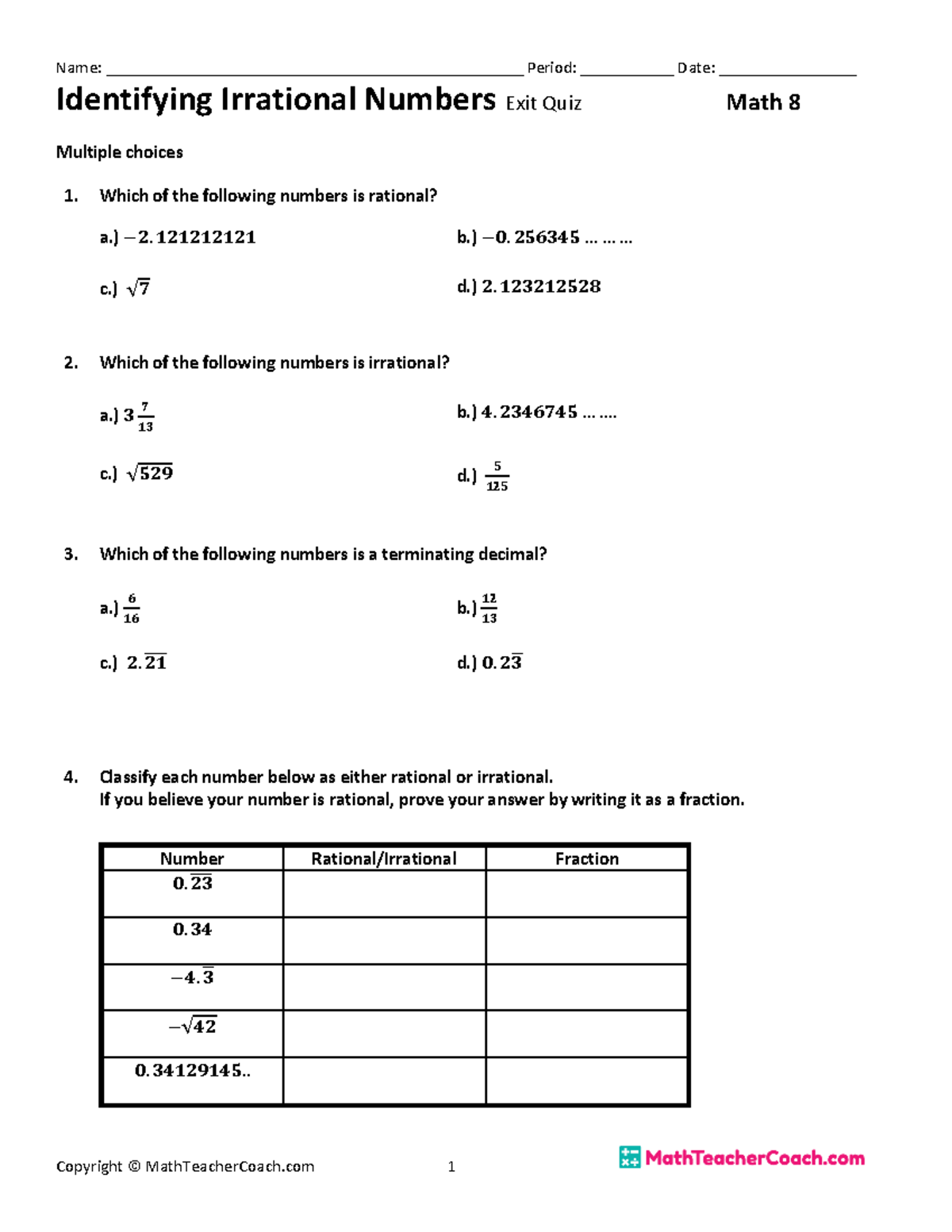 Math 8 Exit Quiz: Identifying Rational and Irrational Numbers - Studocu