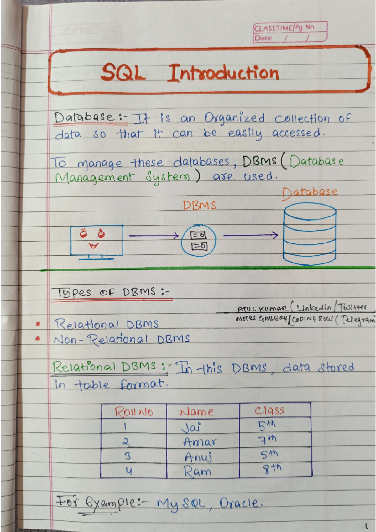 SQL Introduction - Note - CLASSTIME Pg. No. Date SQL Introduction It is ...