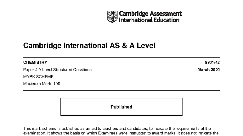 Cambridge International AS A Level CHEMISTRY Paper 4 Mark Scheme March ...