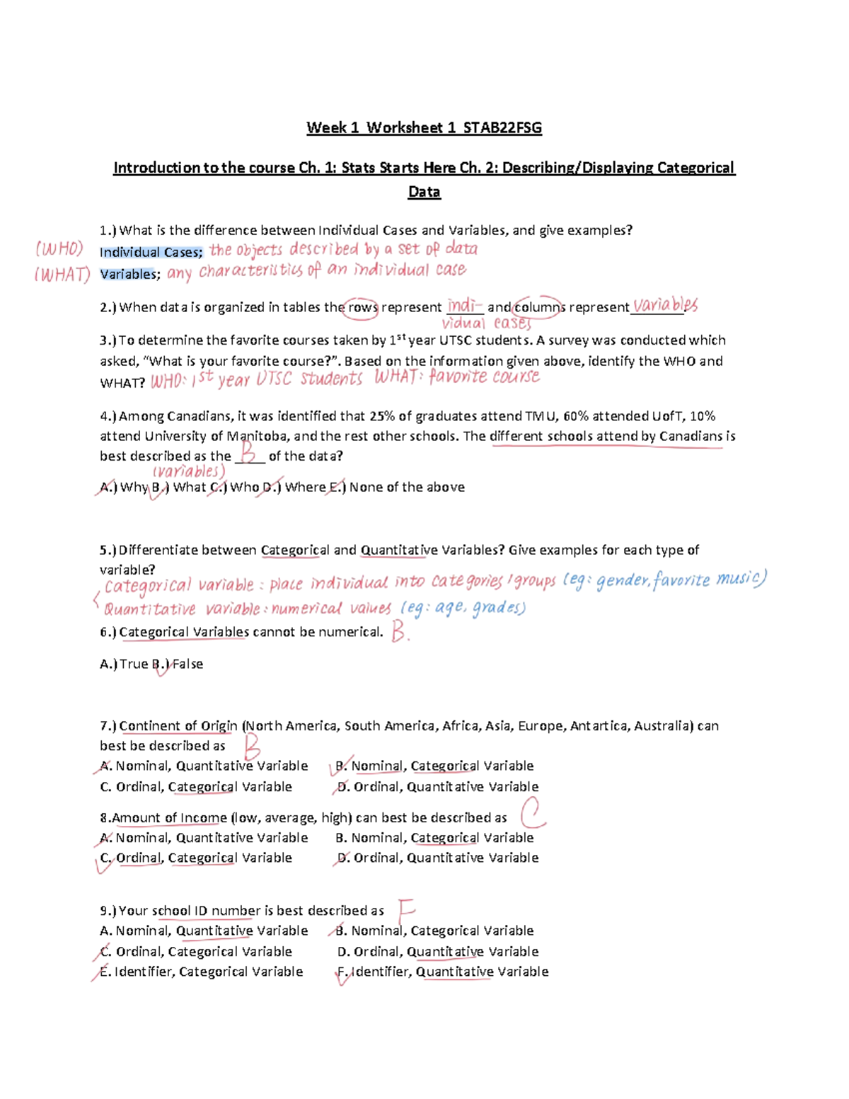 Week 1 Worksheet 1 - STAB22FSG: Intro to Stats & Categorical Data - Studocu
