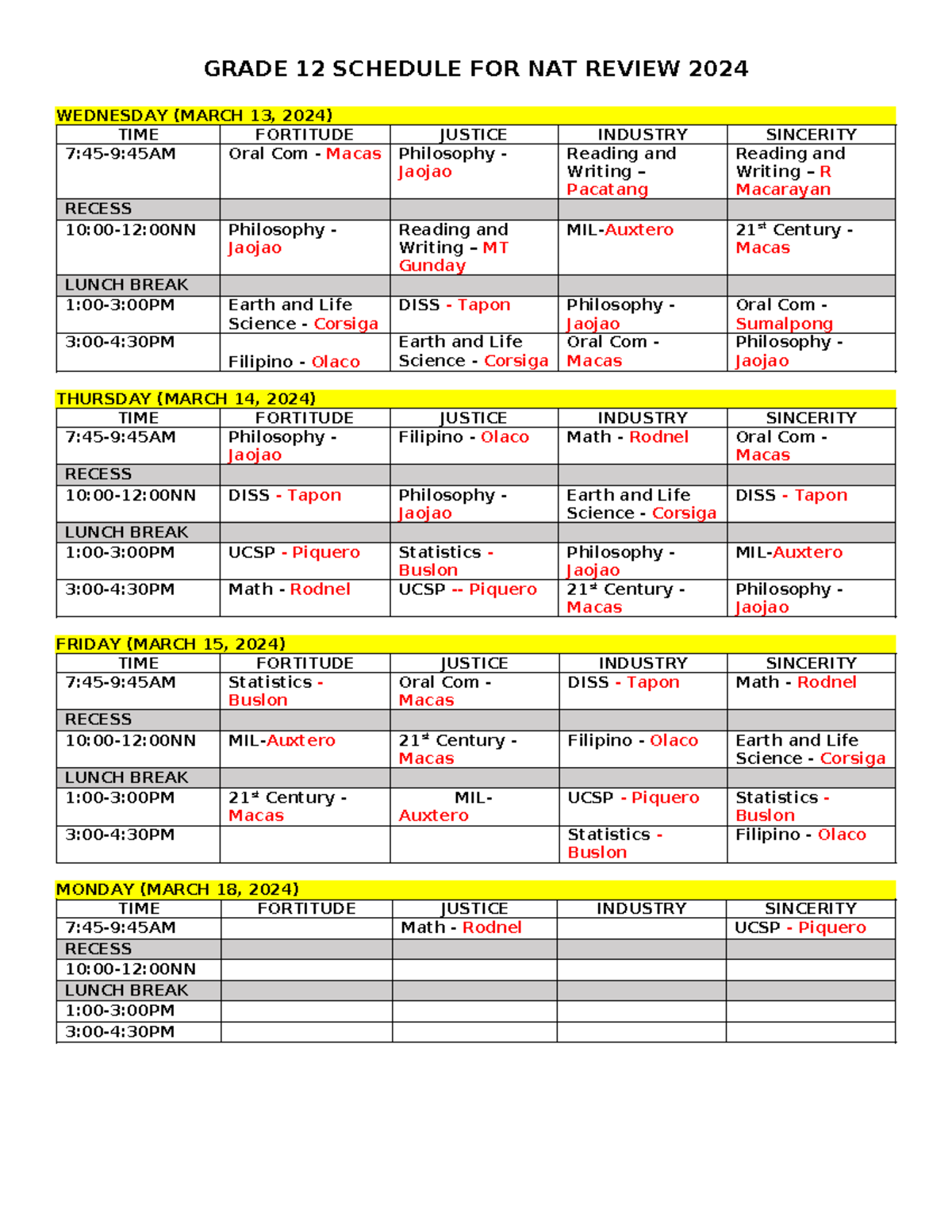 Grade 12 NAT Review Schedule March 2024 - Studocu