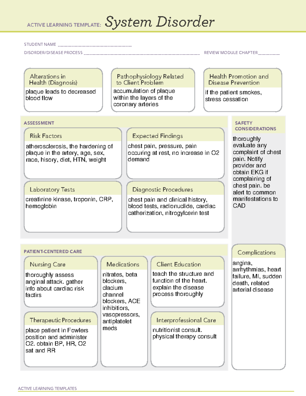CAD - ATI - ACTIVE LEARNING TEMPLATES System Disorder STUDENT NAME ...