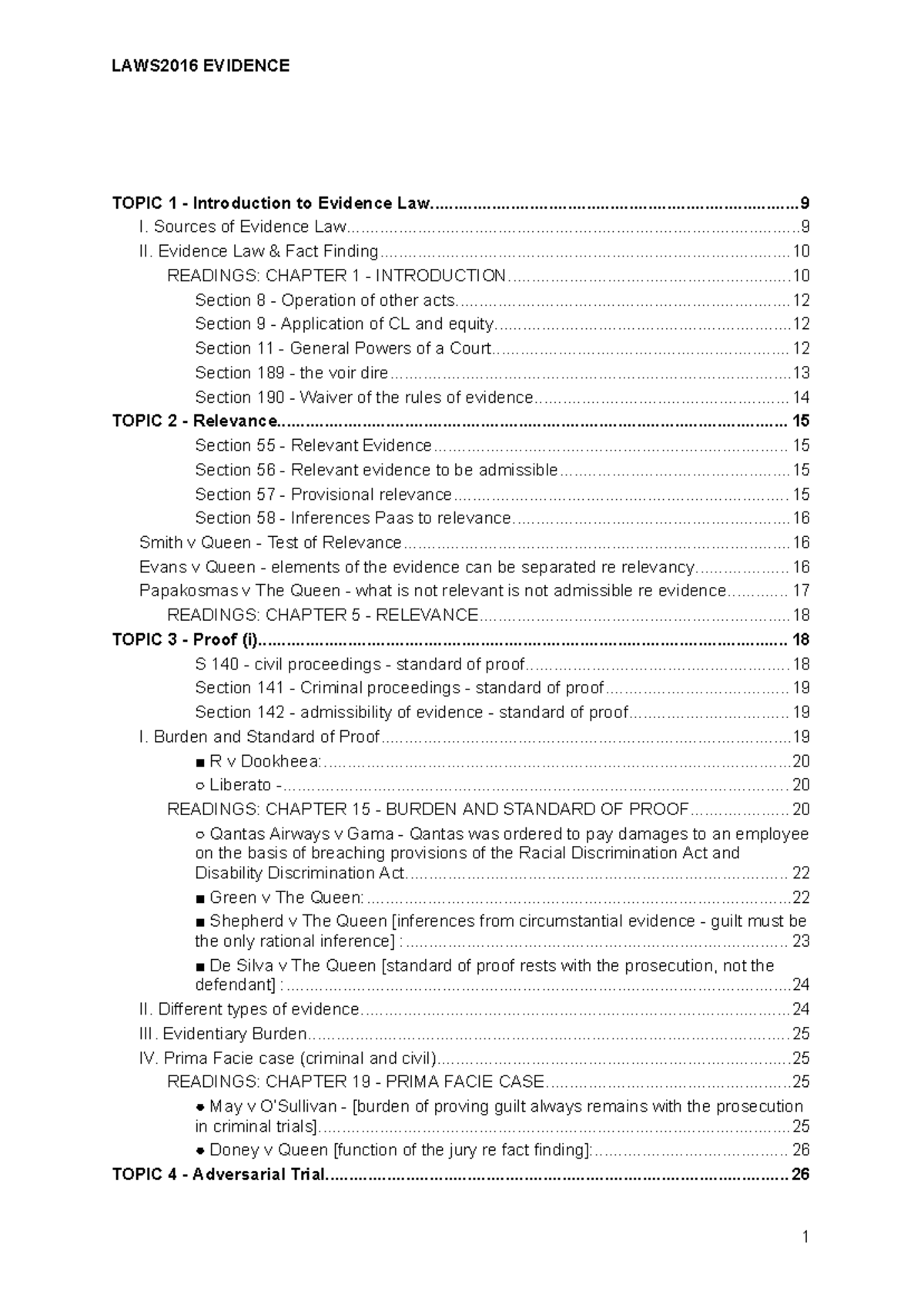LAWS2016 EVIDENCE NOTES: Comprehensive Overview of Evidence Law Topics ...