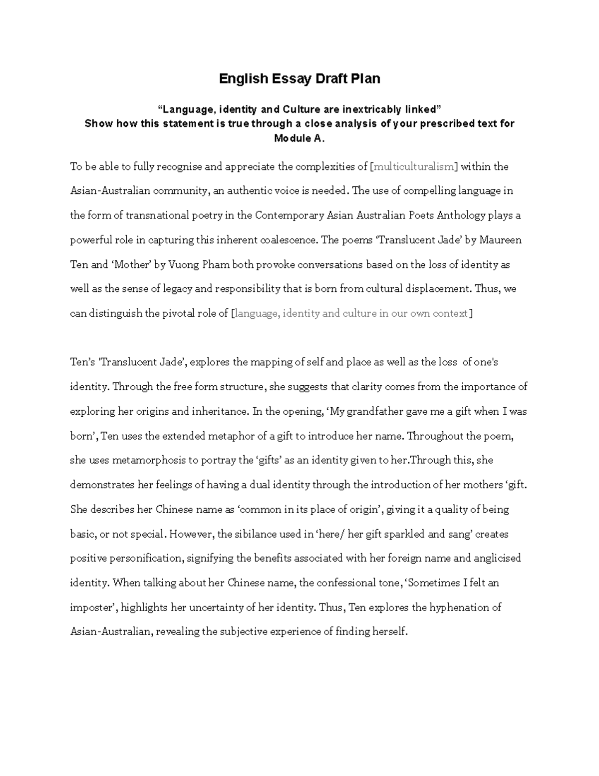 ENG101 Essay Draft: Exploring Identity & Culture in Poetry - Studocu