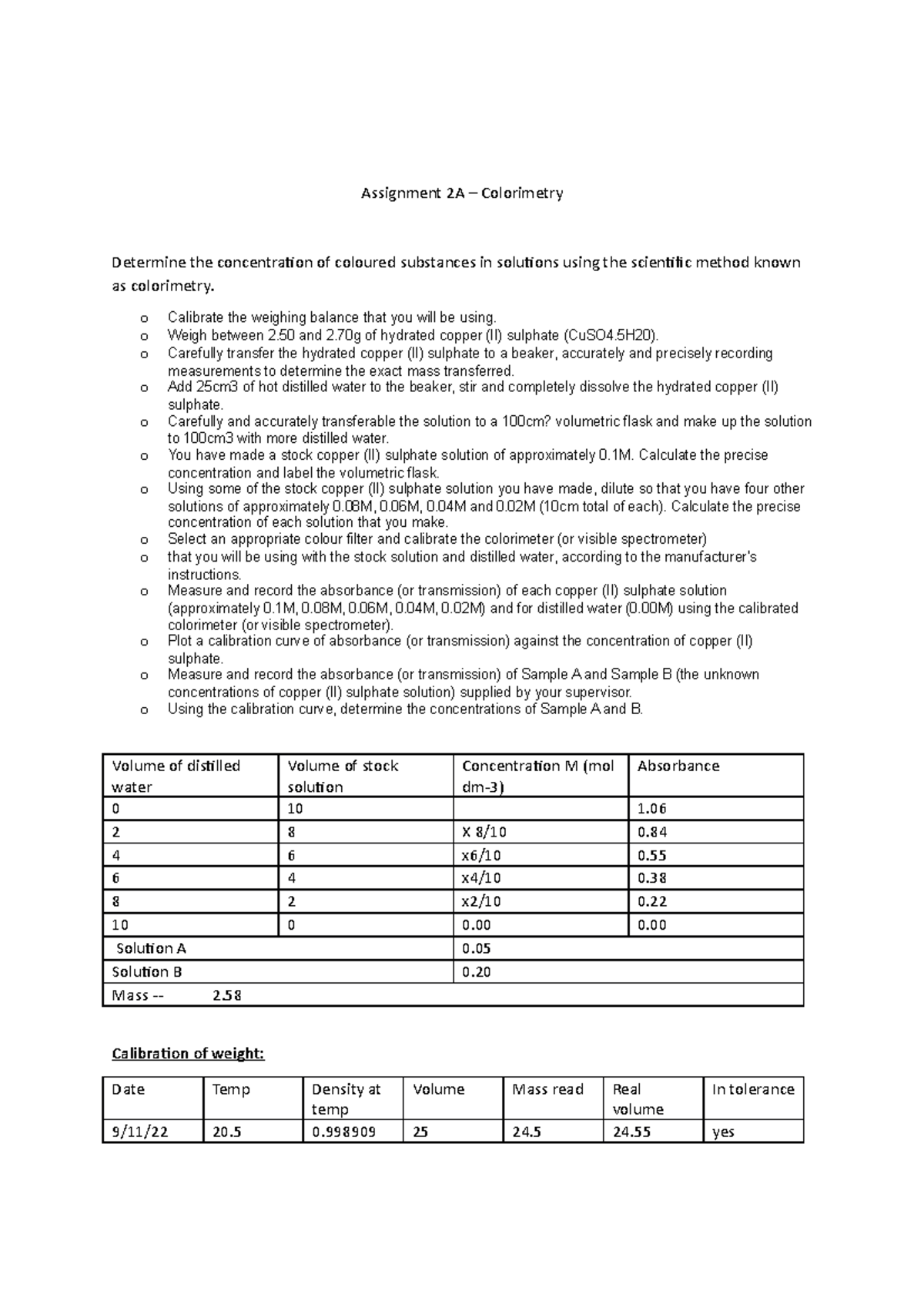 Assignment 2A - Colorimetry (student) - Assignment 2A – Colorimetry Determine the concentration ...
