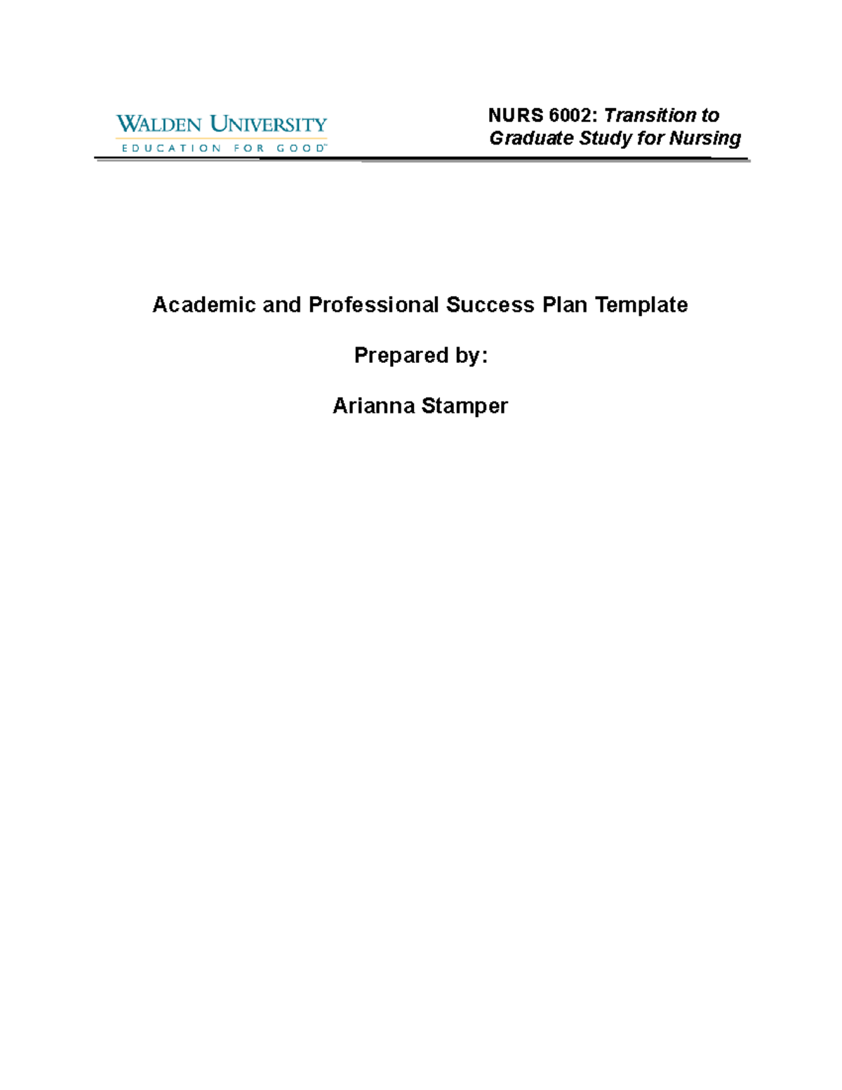 NURS 6002: Week 6 Assignment on Academic & Professional Success Plan ...