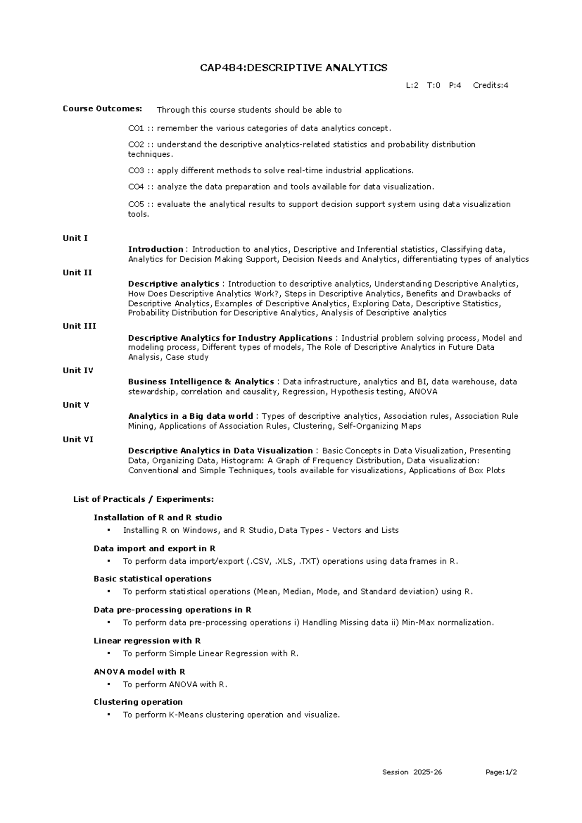 CAP484: Descriptive Analytics Course Syllabus and Outcomes - Studocu