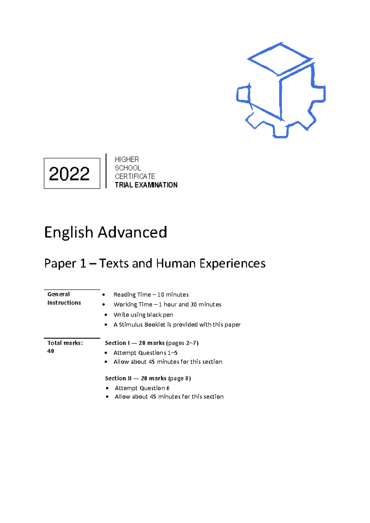2022 HSC Trial Exam English Advanced Paper 1: Texts & Human Experiences ...