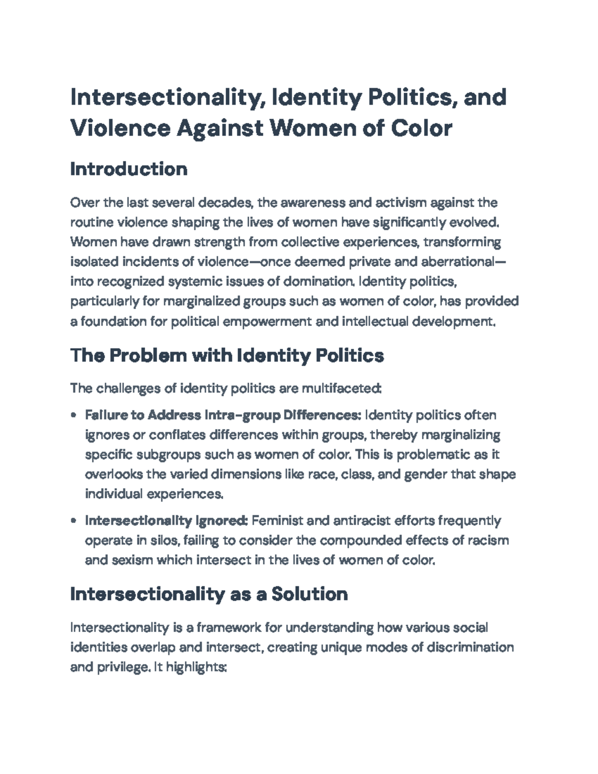Intersectionality and Violence Against Women of Color: A Critical ...