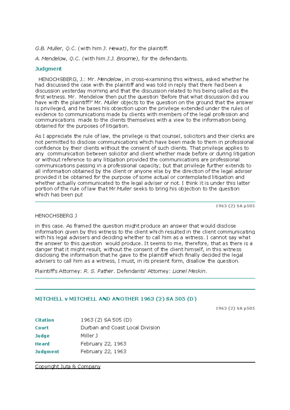 Mitchell v Mitchell AND Another 1963 (2) SA 505 (D) Case Study Notes ...