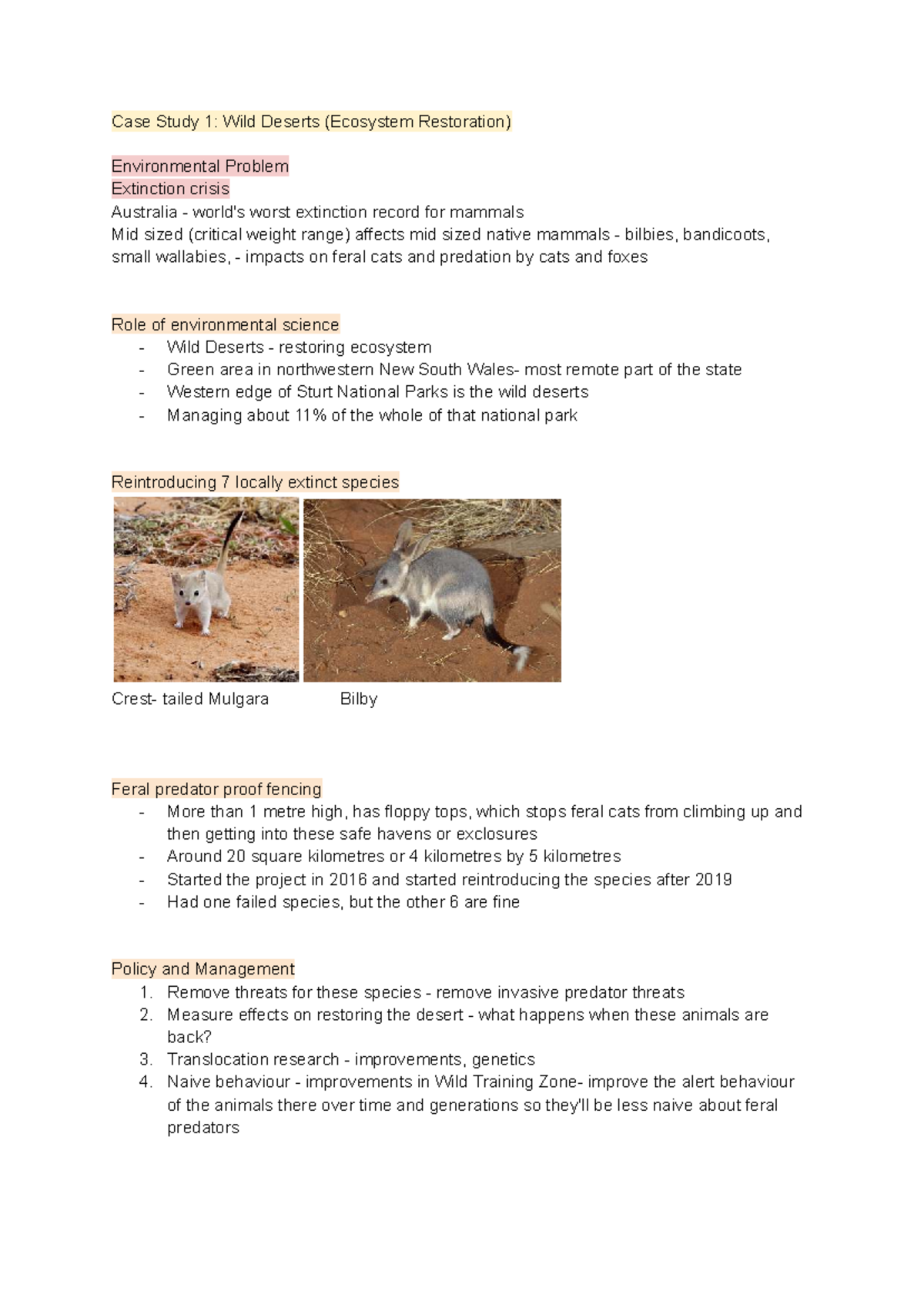 BIOS1301 Case Studies: Ecosystem Restoration & Environmental Issues ...