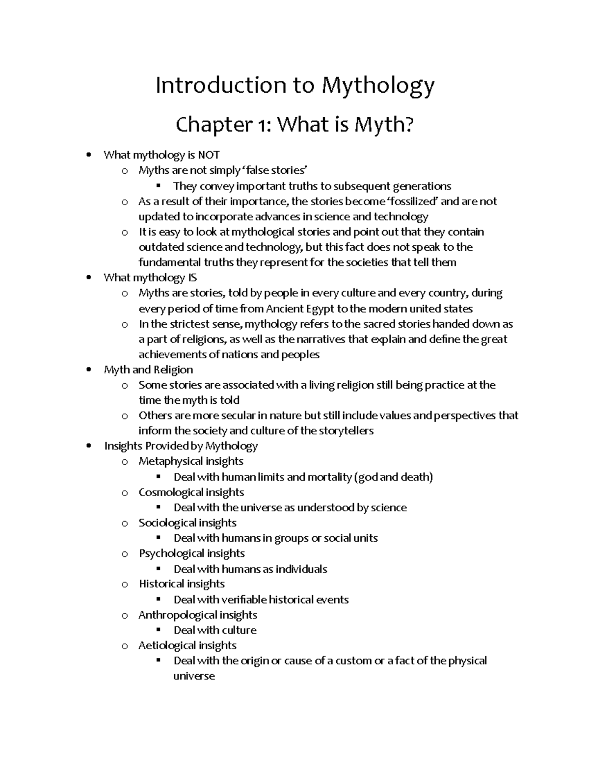 World Mythology - Chapter 1 Notes - Introduction to Mythology Chapter 1 ...