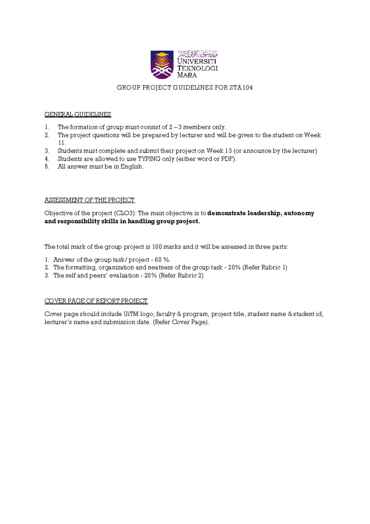 Guidelines for Group Project STA104: Key Instructions and Assessment ...