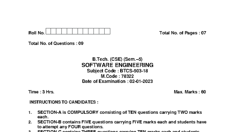 B.Tech. (CSE) Software Engineering Exam Solutions - M.Code: 78322 - Studocu