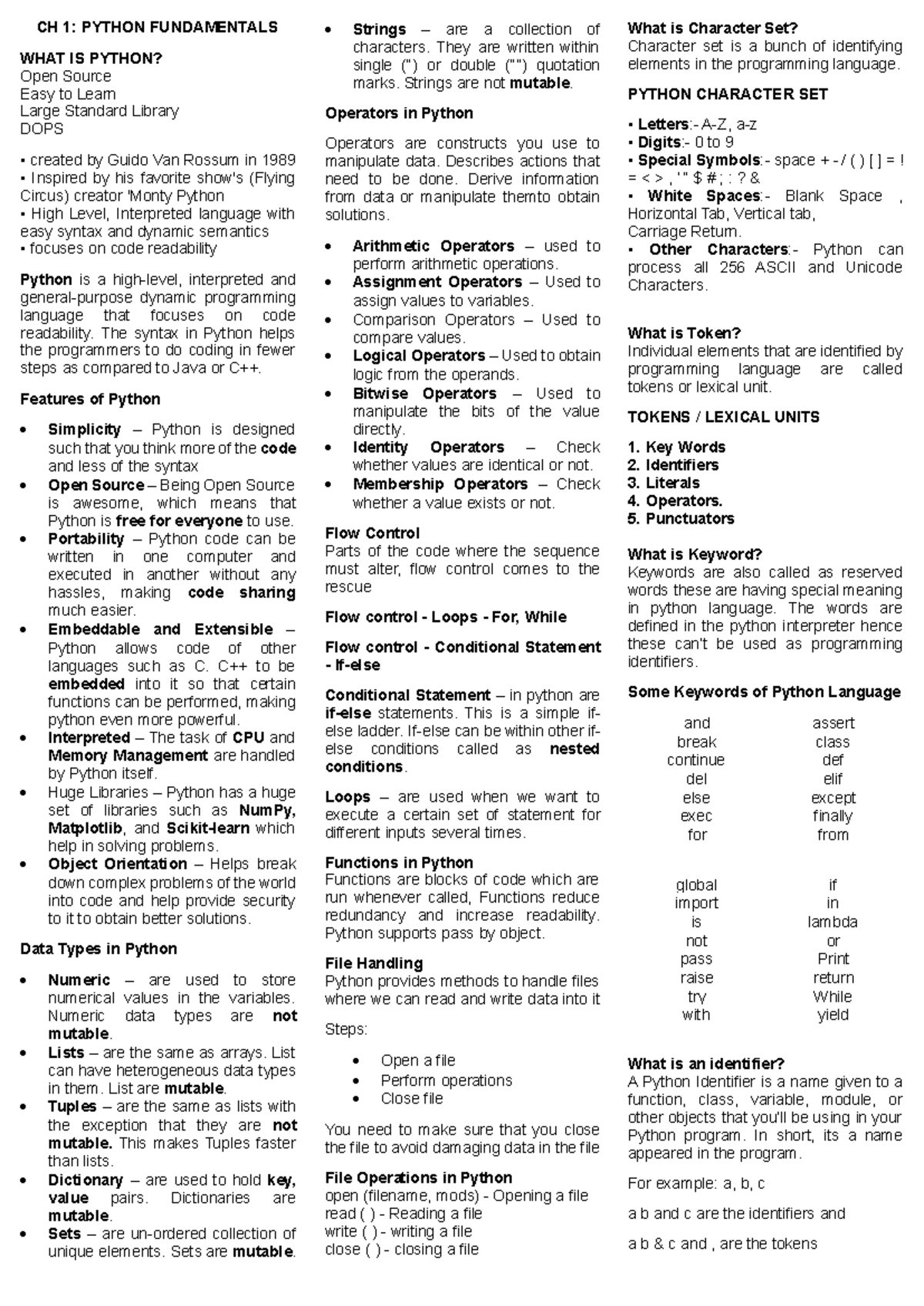 CH 1: Python Fundamentals - DCTI23 Midterm Review Part 1 - Studocu