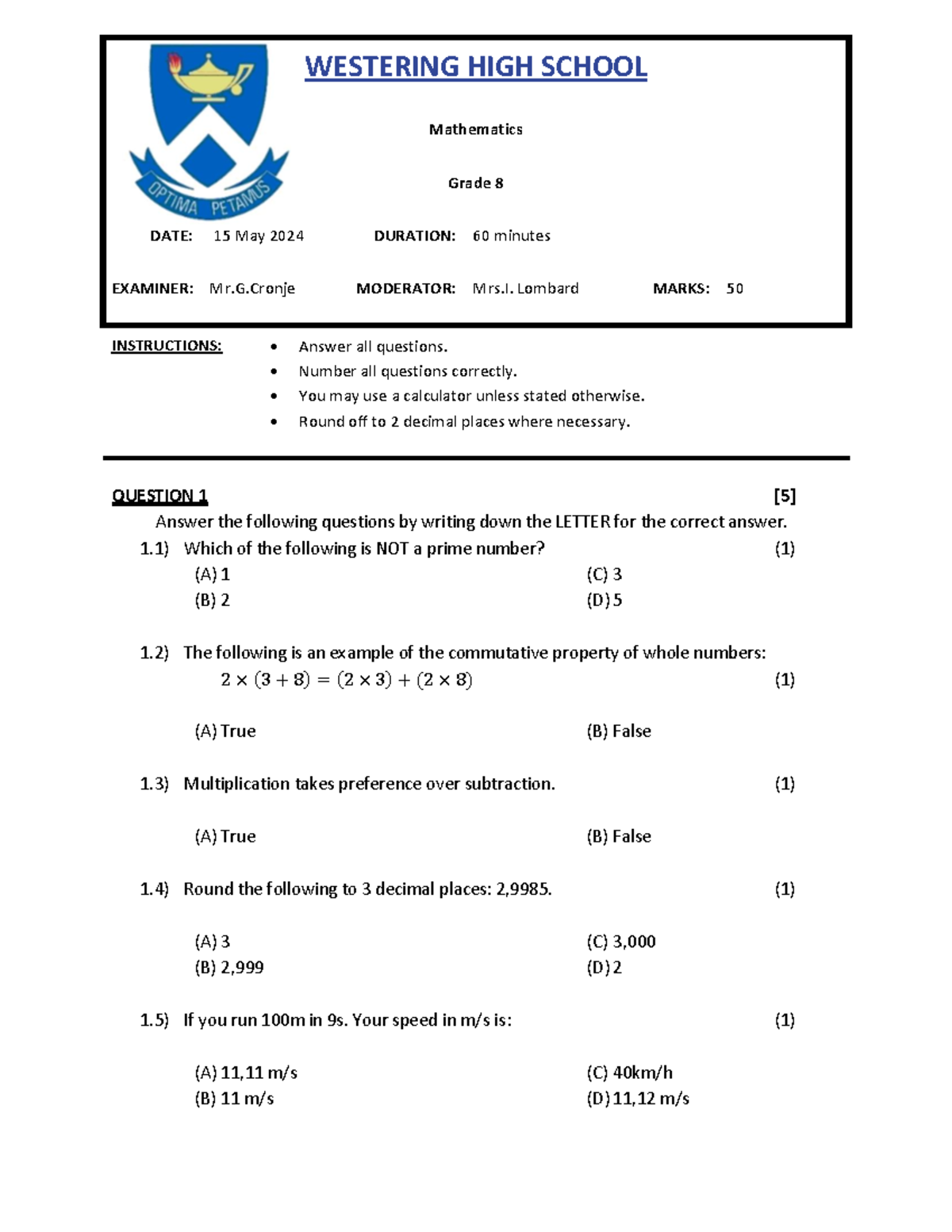 GRADE 10 TERM 1 TEST Mathematics Exam Questions and Answers - Studocu