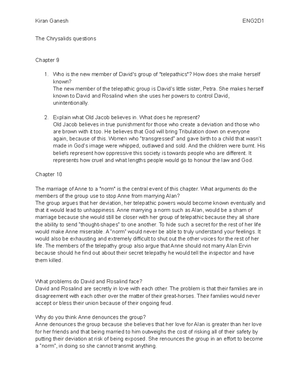 The Chrysalids - ENG2D Chapter 9 & 10 Study Notes and Questions - Studocu